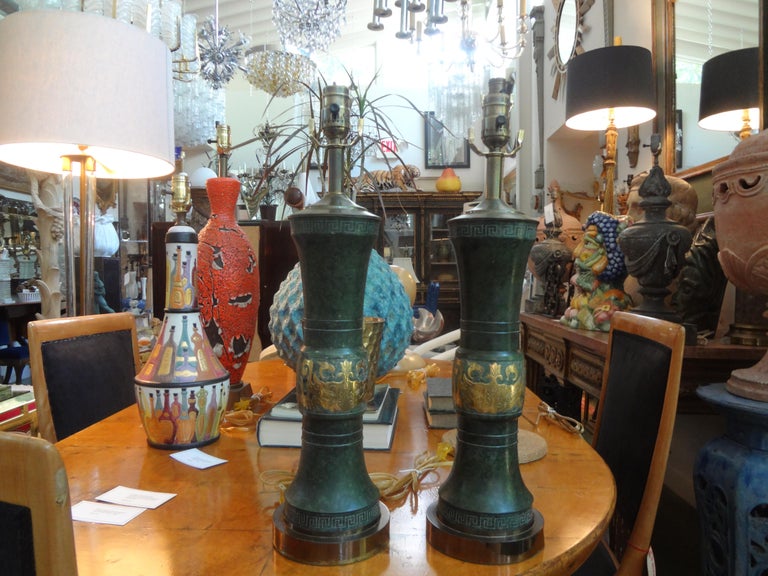Pair of James Mont Style Lamps with Greek Key Design For Sale at 1stDibs