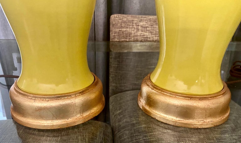 Pair of Japanese Asian Yellow Porcelain Table Lamps For Sale at 1stDibs