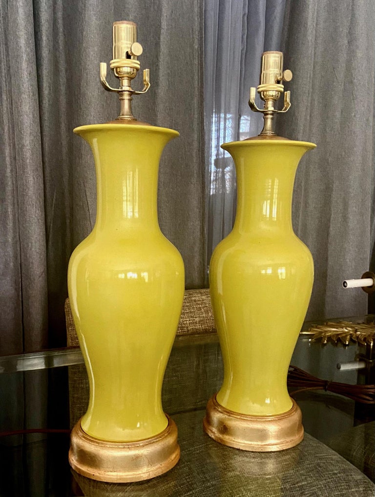 Pair of Japanese Asian Yellow Porcelain Table Lamps For Sale at 1stDibs