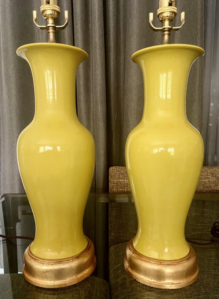 Pair of Japanese Asian Yellow Porcelain Table Lamps For Sale at 1stDibs