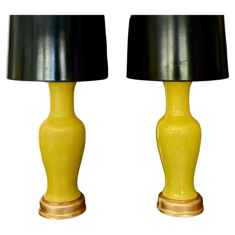 Pair of Japanese Asian Yellow Porcelain Table Lamps For Sale at 1stDibs