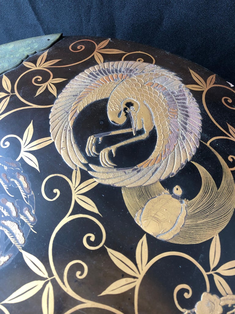 Pair of Japanese Black and Gold Lacquer Round Hokkai Picnic/ Hat Boxes ...