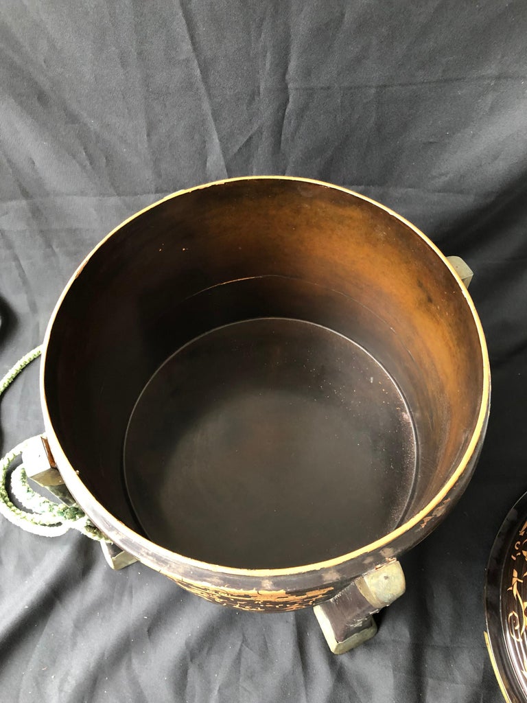 Pair of Japanese Black and Gold Lacquer Round Hokkai Picnic/ Hat Boxes ...
