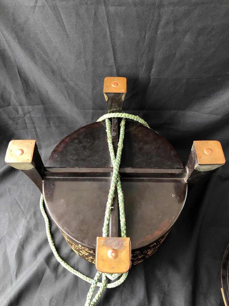 Pair of Japanese Black and Gold Lacquer Round Hokkai Picnic/ Hat Boxes ...