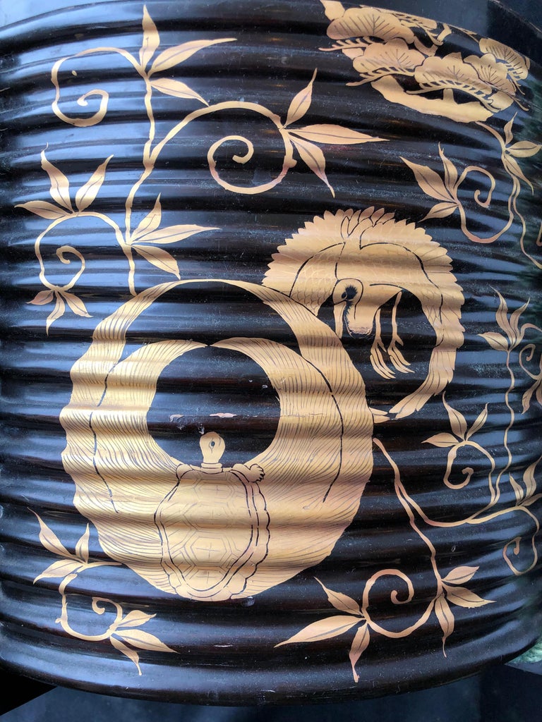 Pair of Japanese Black and Gold Lacquer Round Hokkai Picnic/ Hat Boxes ...