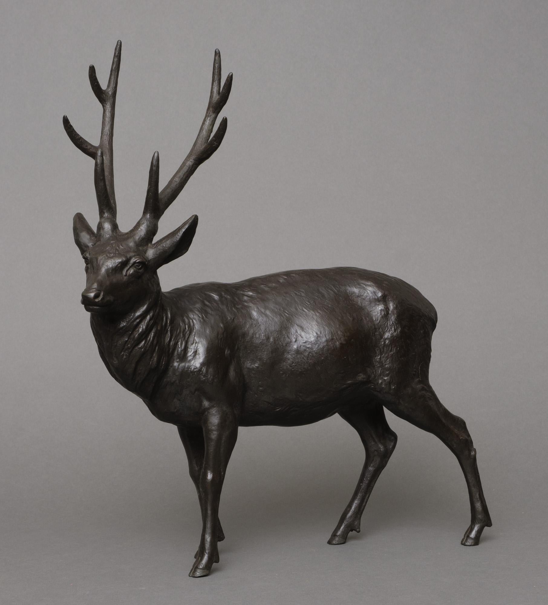 Pair of Japanese bronze deer okimono by Watanabe Kansui 渡辺環水 (1929) For ...