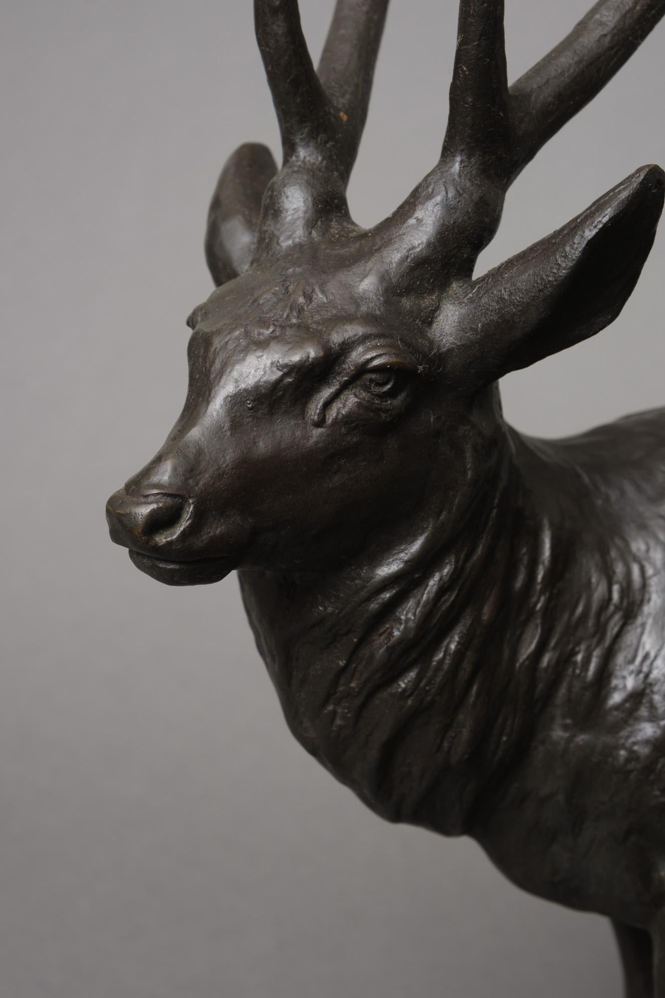 Pair of Japanese bronze deer okimono by Watanabe Kansui 渡辺環水 (1929) For ...