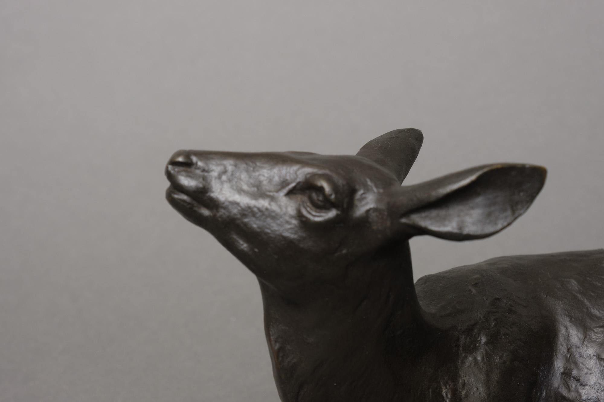Pair of Japanese bronze deer okimono by Watanabe Kansui 渡辺環水 (1929) For ...