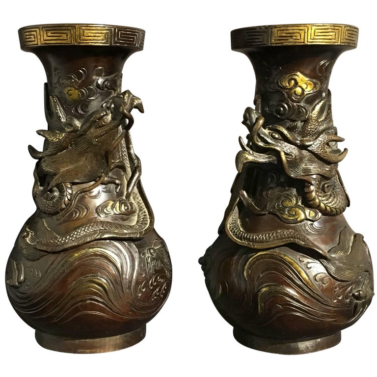 Pair of Japanese Edo Period Parcel-Gilt Bronze Dragon Vases, Early 19th ...