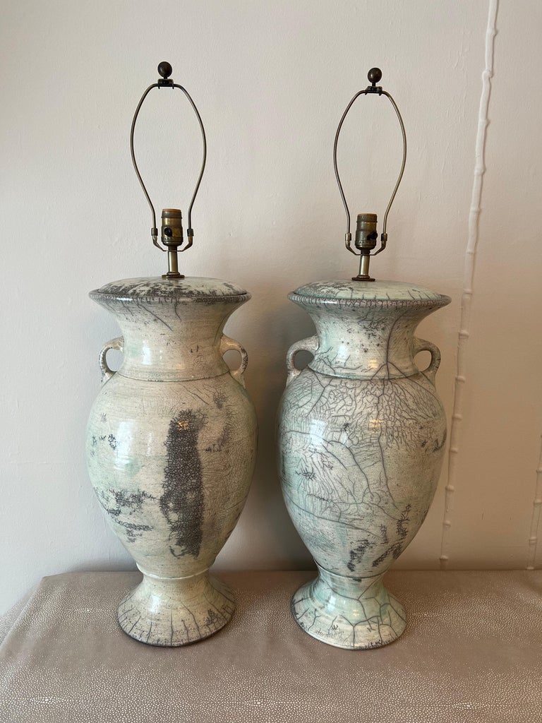 Pair of Japanese Fired Raku Pottery Glazed Urn Table Lamps For Sale at ...