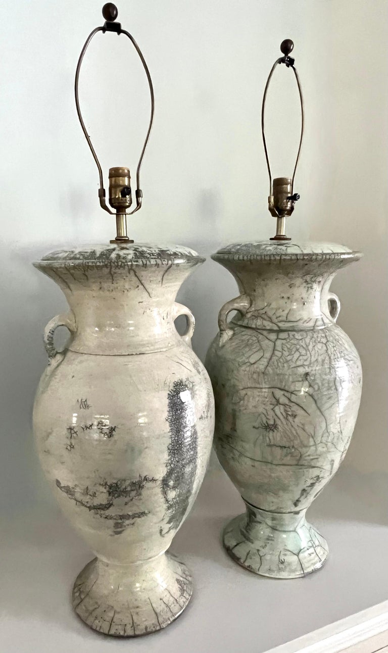 Pair of Japanese Fired Raku Pottery Glazed Urn Table Lamps For Sale at ...