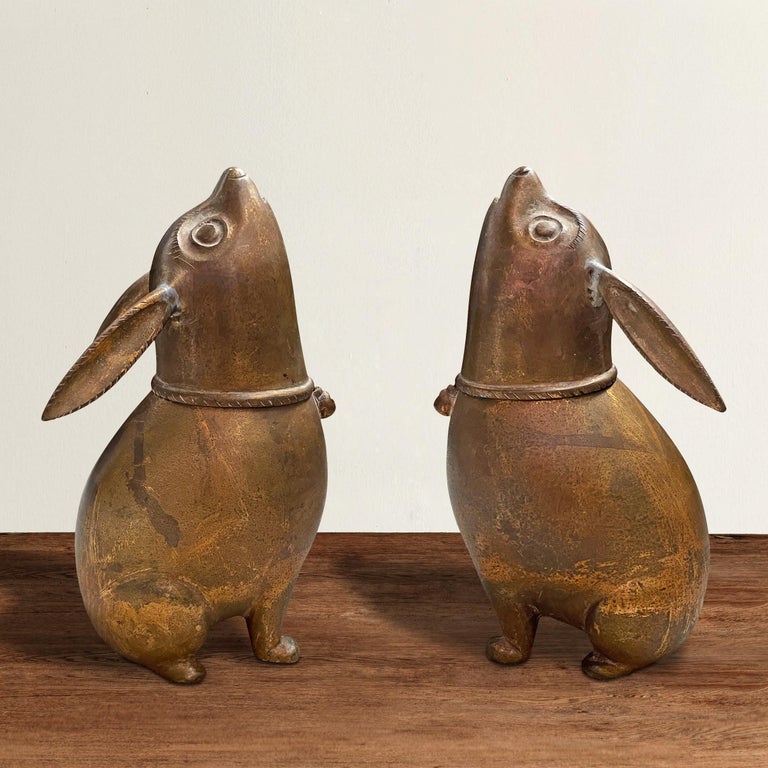 Pair of Japanese Gilt Bronze Rabbit Koro 'Incense Burners' at 1stDibs