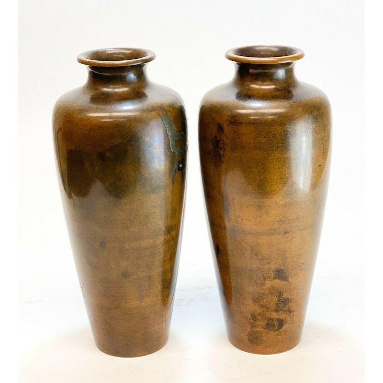 Pair of Japanese Meiji Period Bronze Mixed Metal Inlay Rooster Vases ...