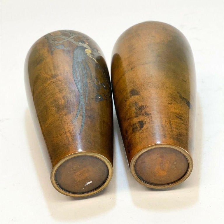 Pair of Japanese Meiji Period Bronze Mixed Metal Inlay Rooster Vases ...