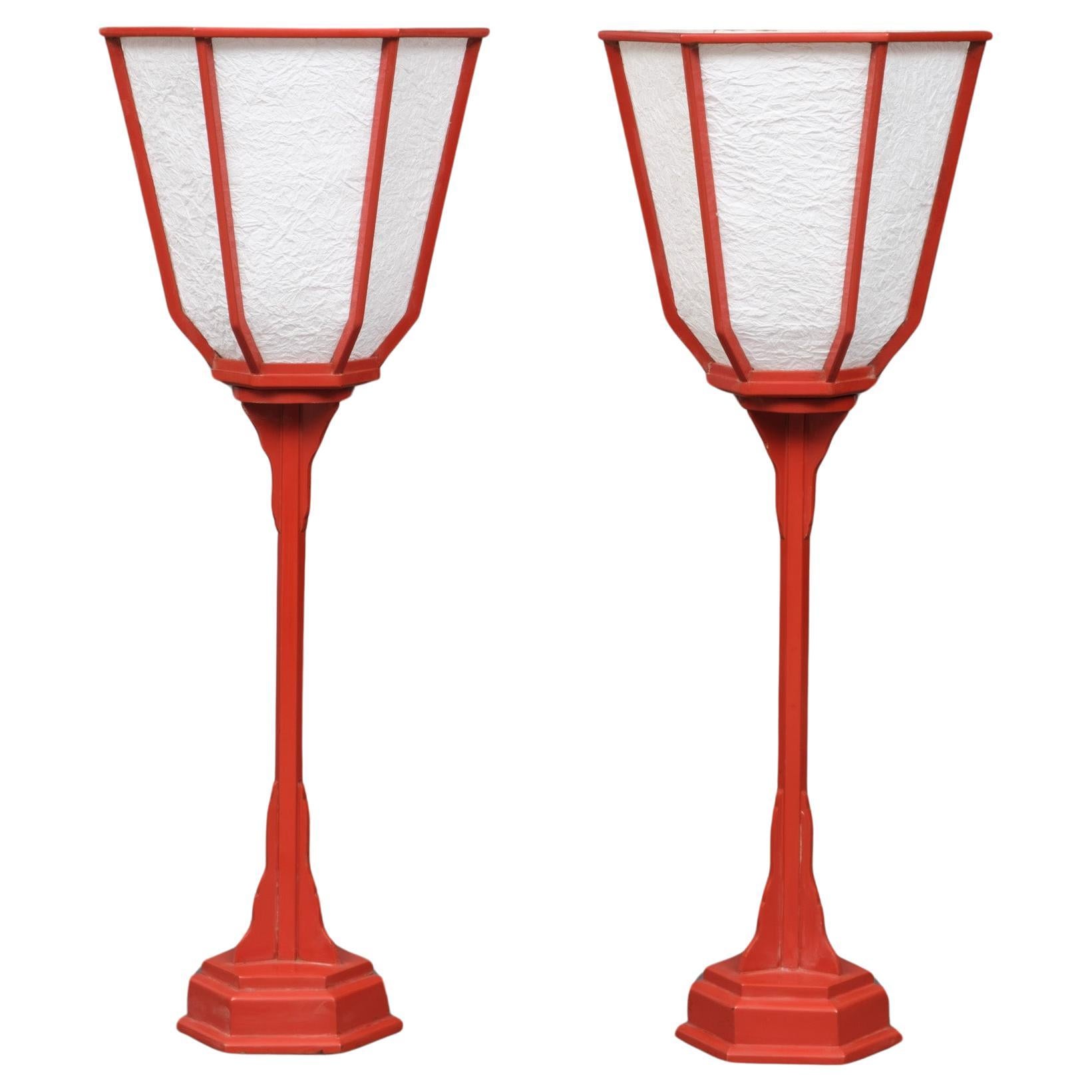 Pair of Japanese red lacquered standing ‘bonbori’ 雪洞 paper-enclosed ...