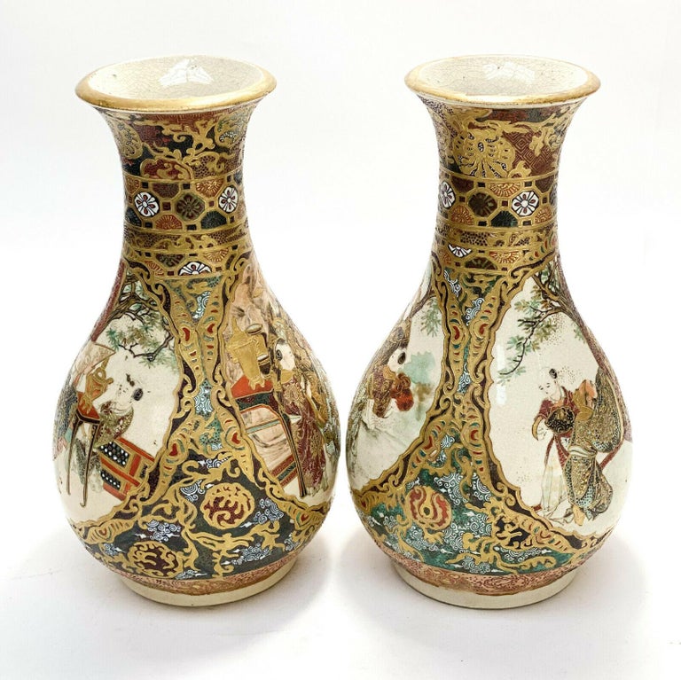 Pair of Japanese Satsuma Hand Painted Porcelain Vases, Meiji Period For ...