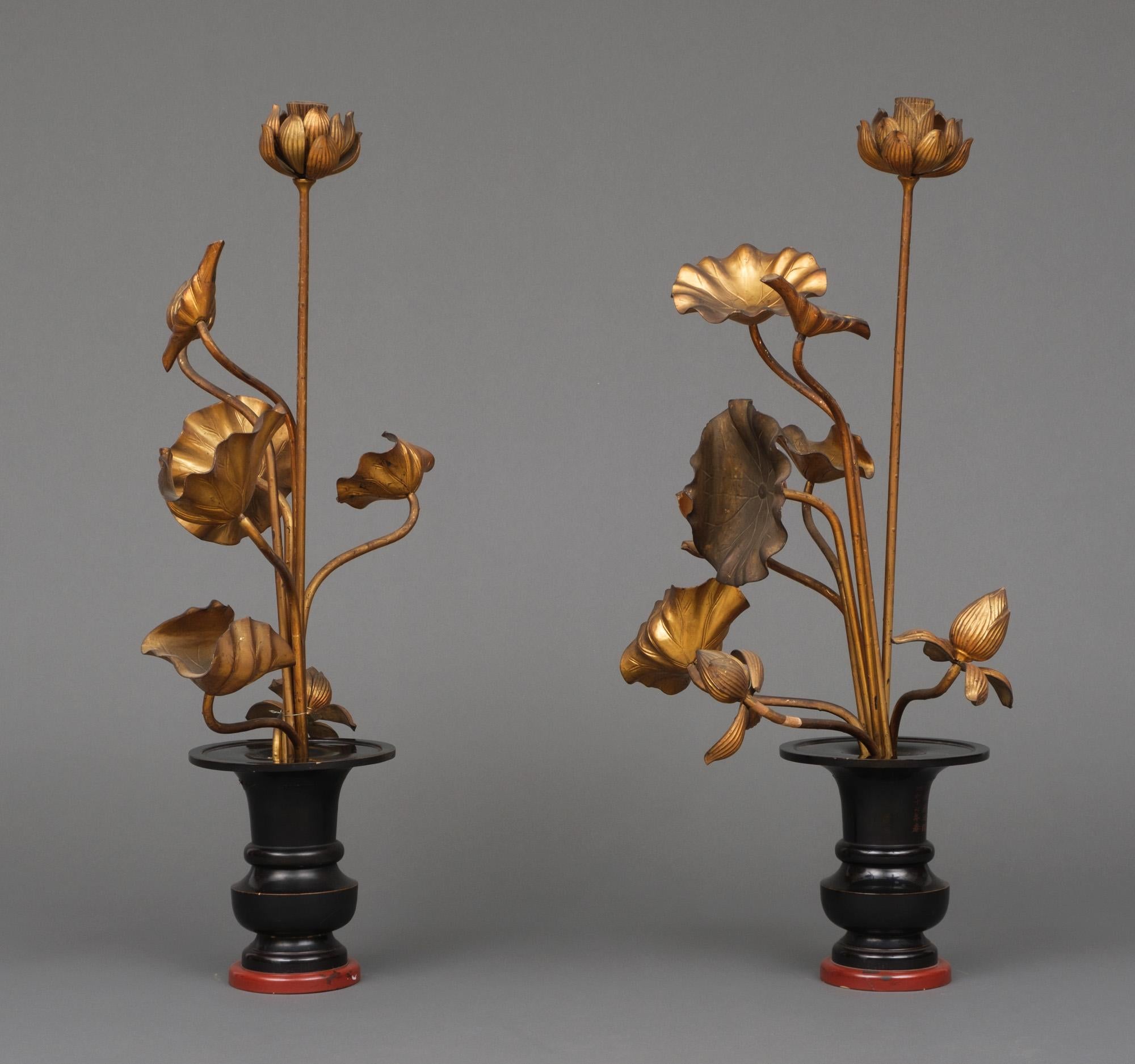 Pair of Japanese Sets of Gilded Temple Flowers in Lacquered Vases 常花 ...