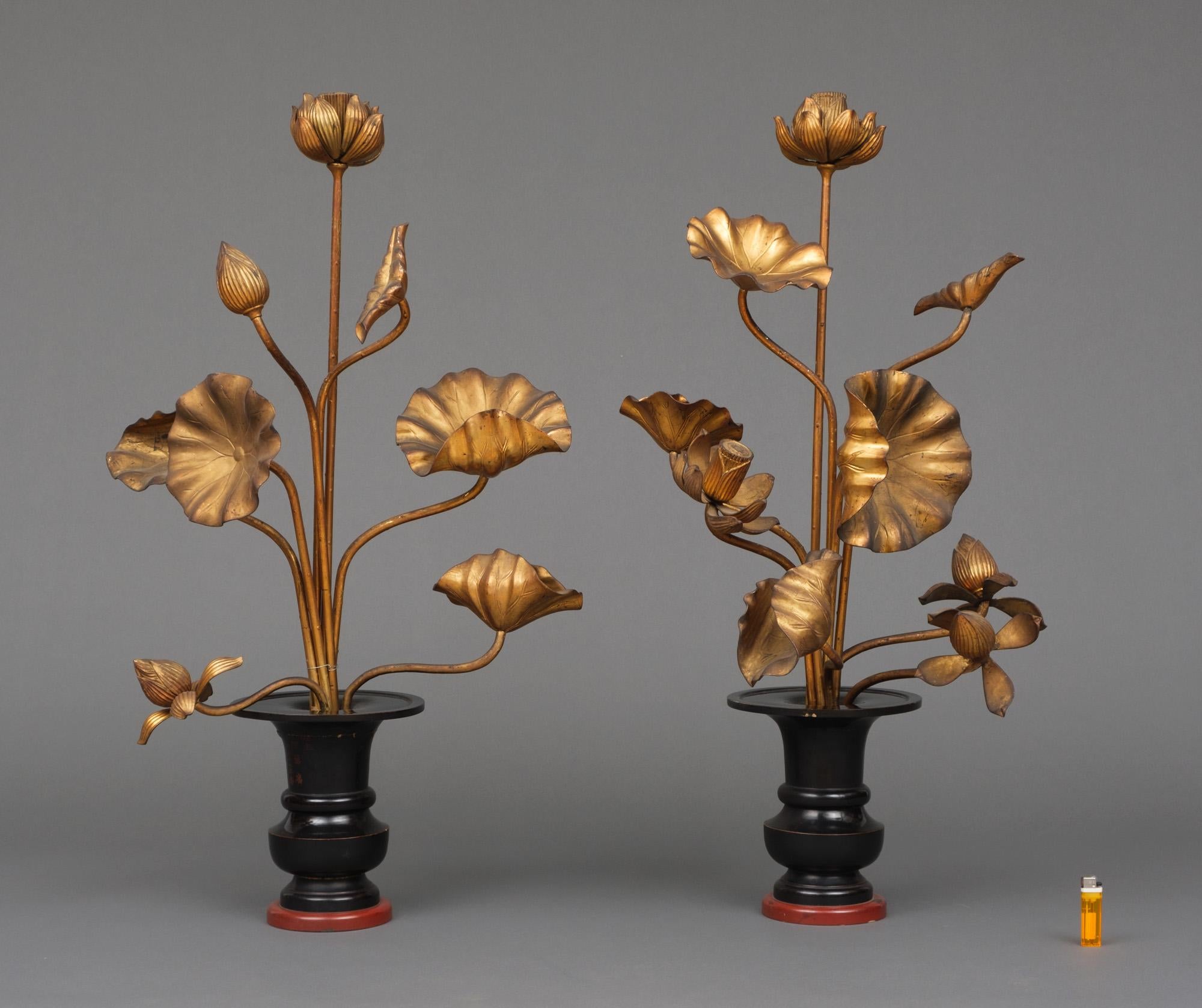 Pair of Japanese Sets of Gilded Temple Flowers in Lacquered Vases 常花 ...