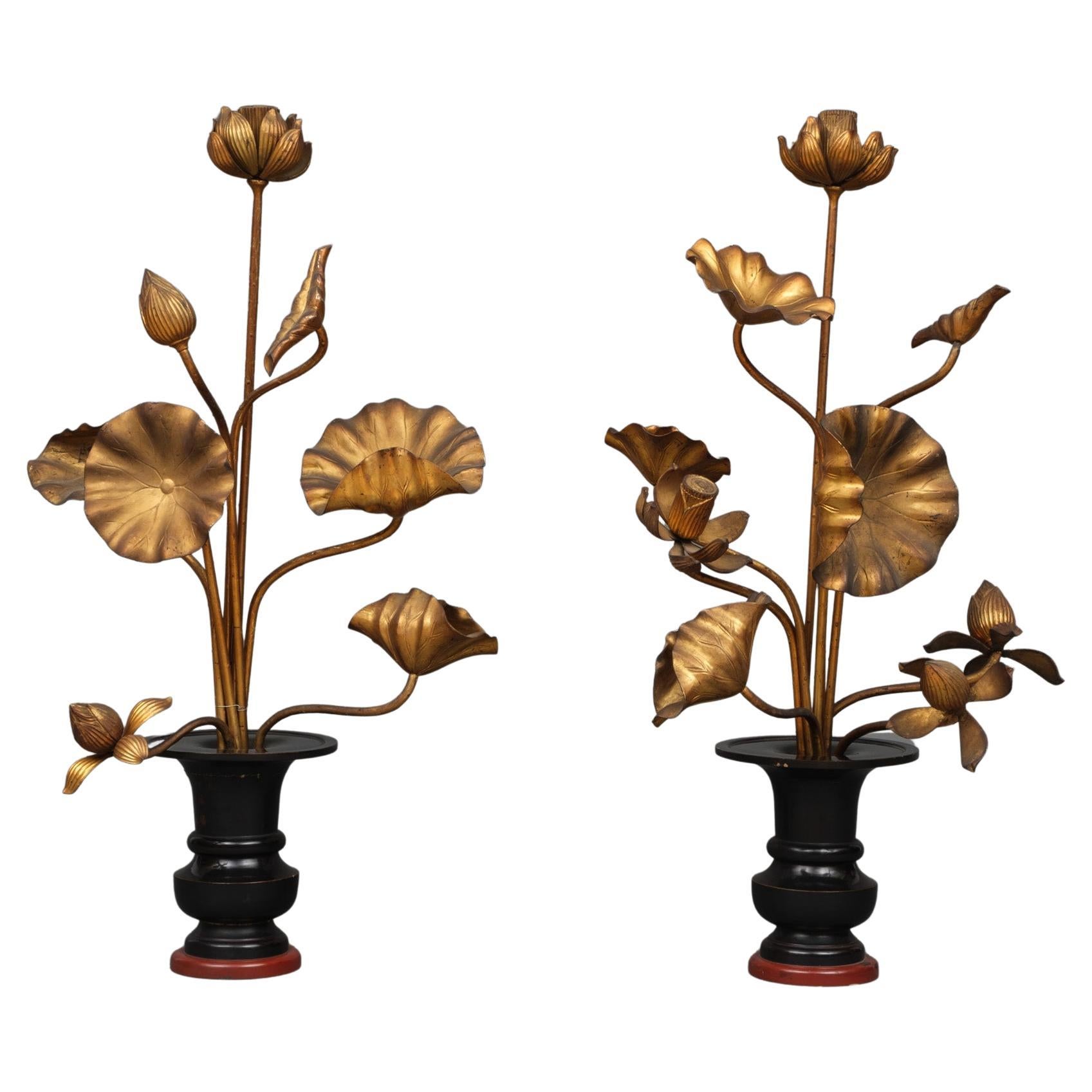 Pair of Japanese Sets of Gilded Temple Flowers in Lacquered Vases 常花 ...