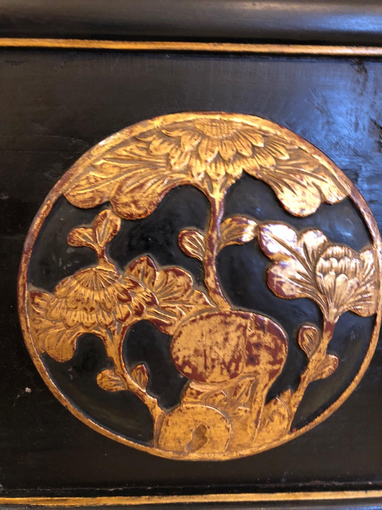 Pair of Japanese Style Black and Gold Mirrors For Sale at 1stDibs