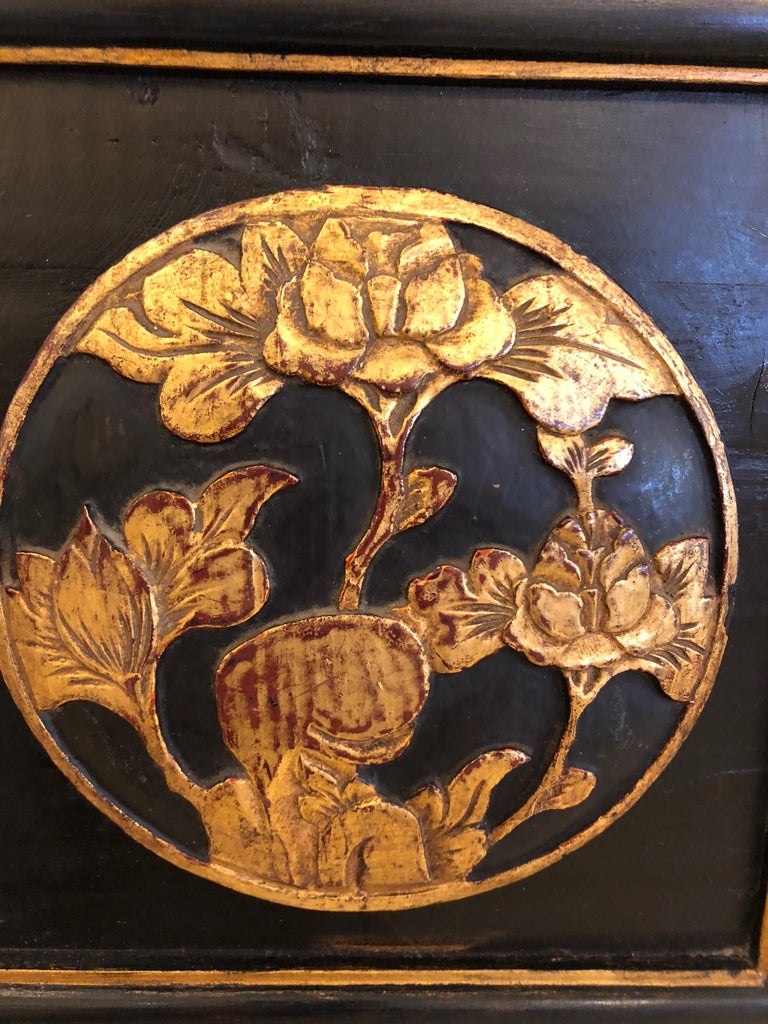 Pair of Japanese Style Black and Gold Mirrors For Sale at 1stDibs