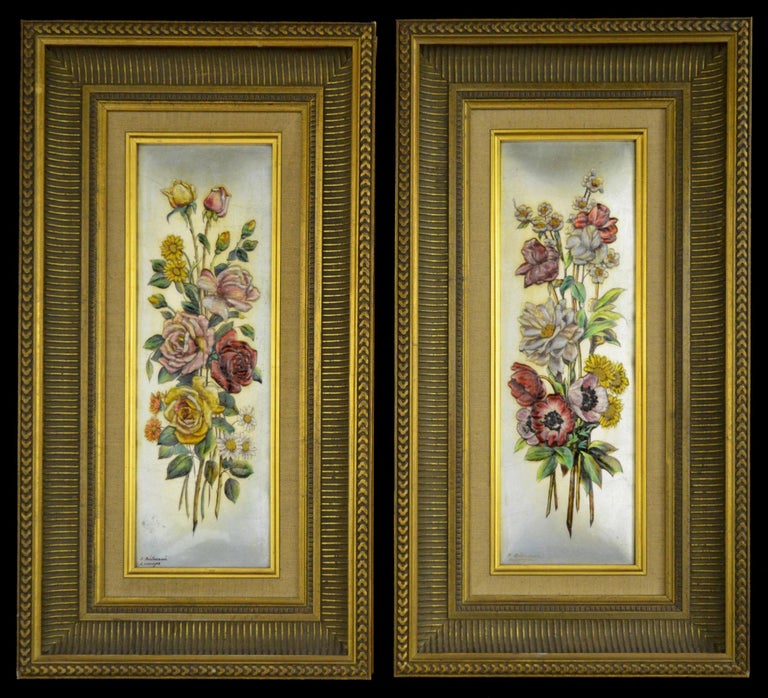 Pair of Jean Betourne Floral Limoges Enamel Plaques For Sale at 1stDibs