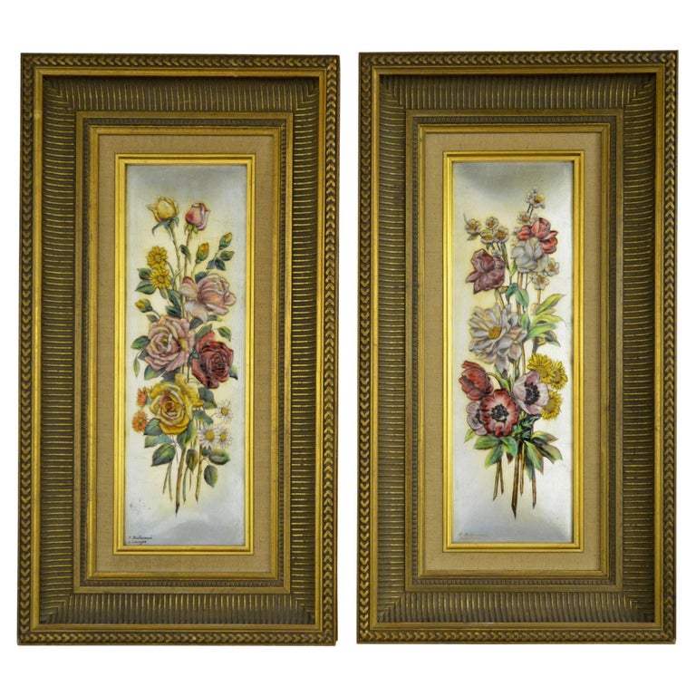 Pair of Jean Betourne Floral Limoges Enamel Plaques For Sale at 1stDibs