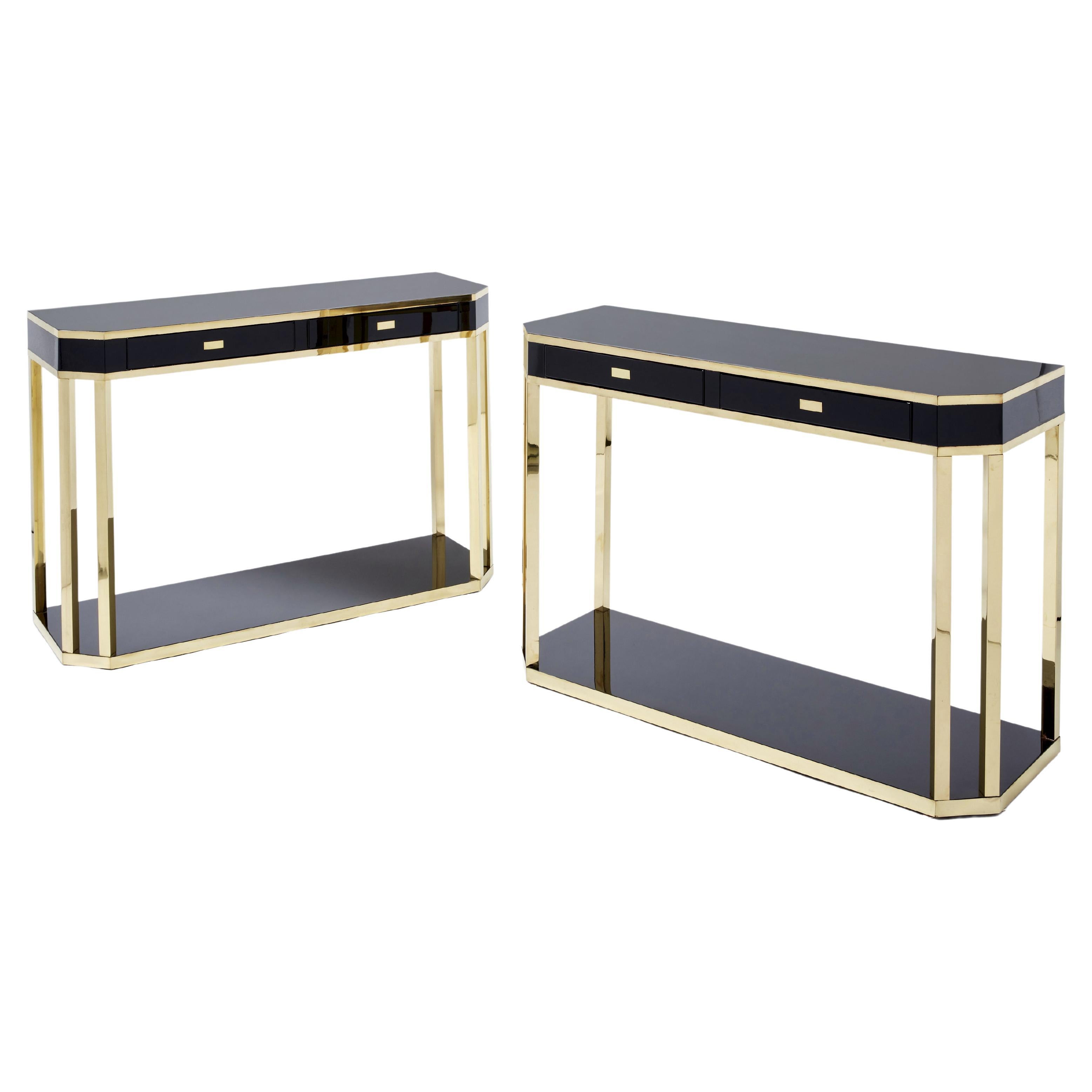 Pair of Jean-Claude Mahey Black Lacquered Brass Console Tables, 1970s For Sale at 1stDibs