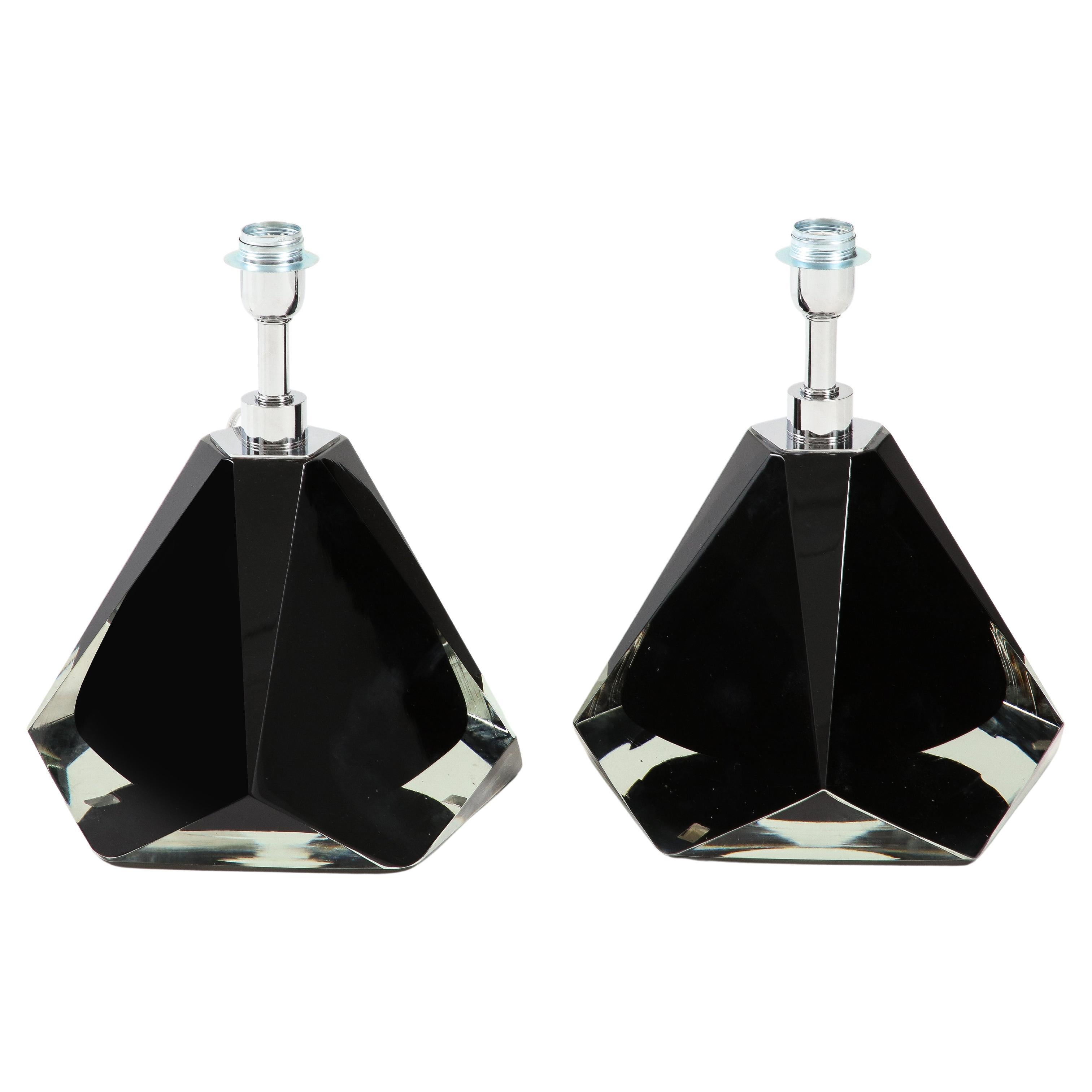 Pair of Faceted Emerald Green Solid Murano Glass Lamps, Signed, Italy ...