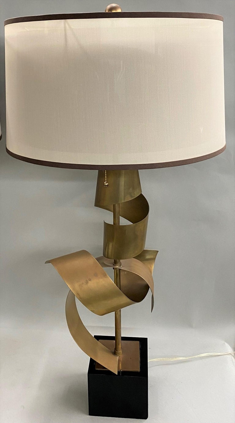 Pair of John Richard Brutalist Brass Ribbon Table Lamps with Signed ...