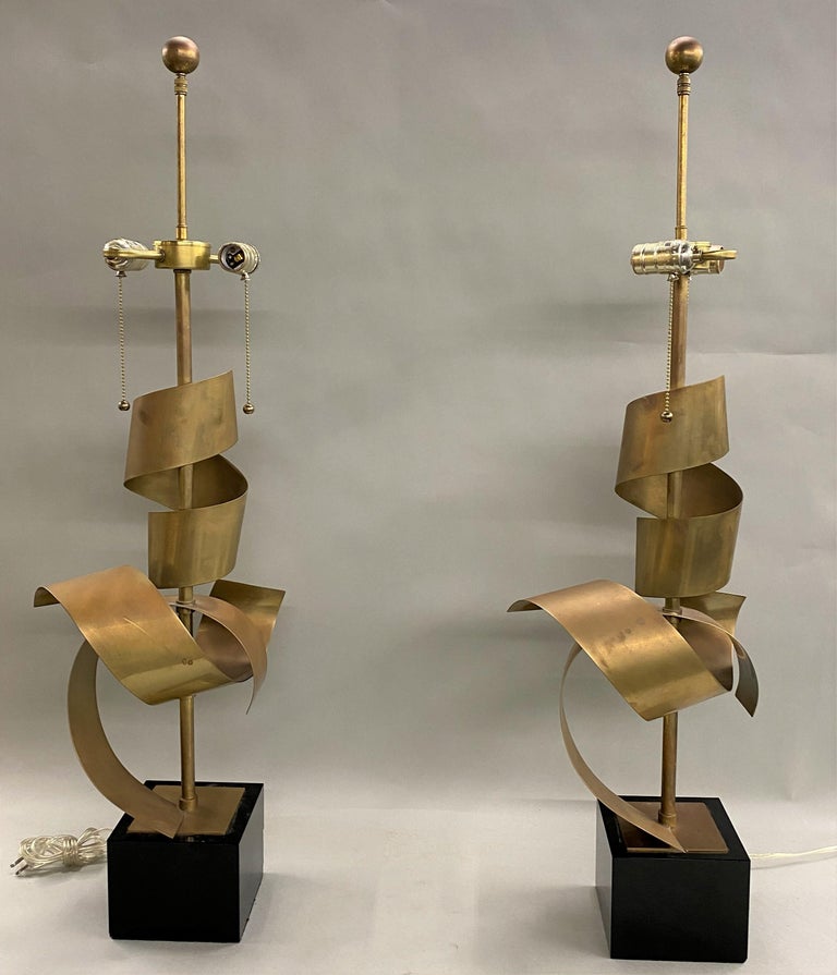 Pair of John Richard Brutalist Brass Ribbon Table Lamps with Signed ...