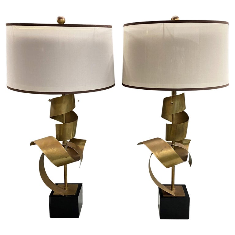 Pair of John Richard Brutalist Brass Ribbon Table Lamps with Signed ...