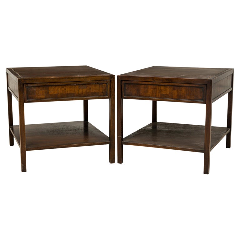 Pair of John Stuart Wooden Single Drawer Two-Tier End / Side Tables For Sale at 1stDibs
