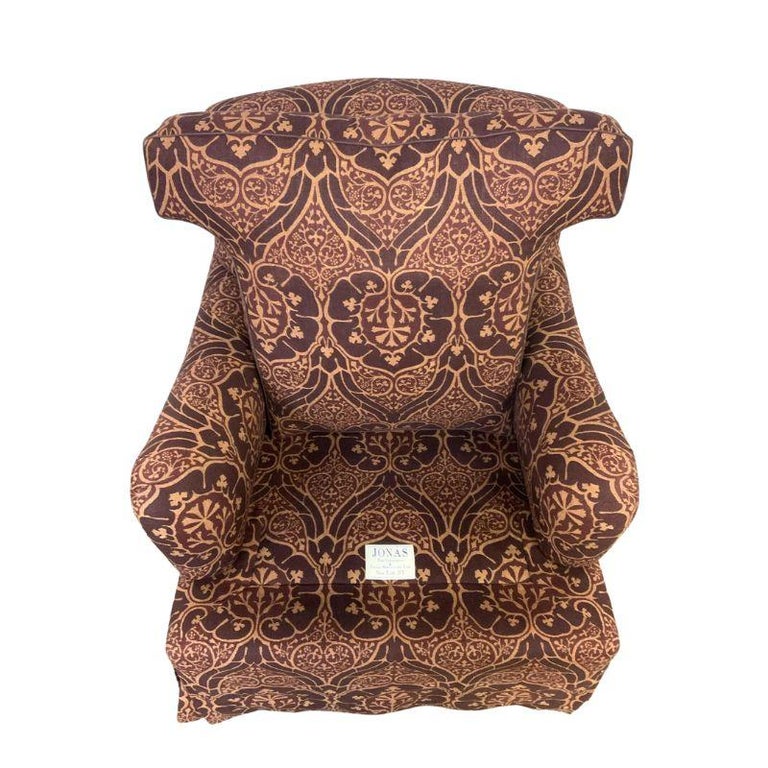 Pair of Jonas Burgundy and Gold Upholstered Club Chairs For Sale at 1stDibs