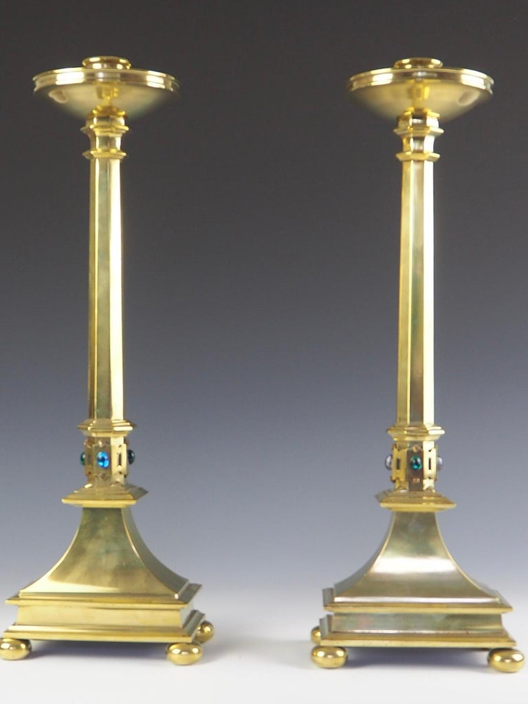 Pair of Jones and Willis Church Brass Tall Candlesticks with Cabouchon ...