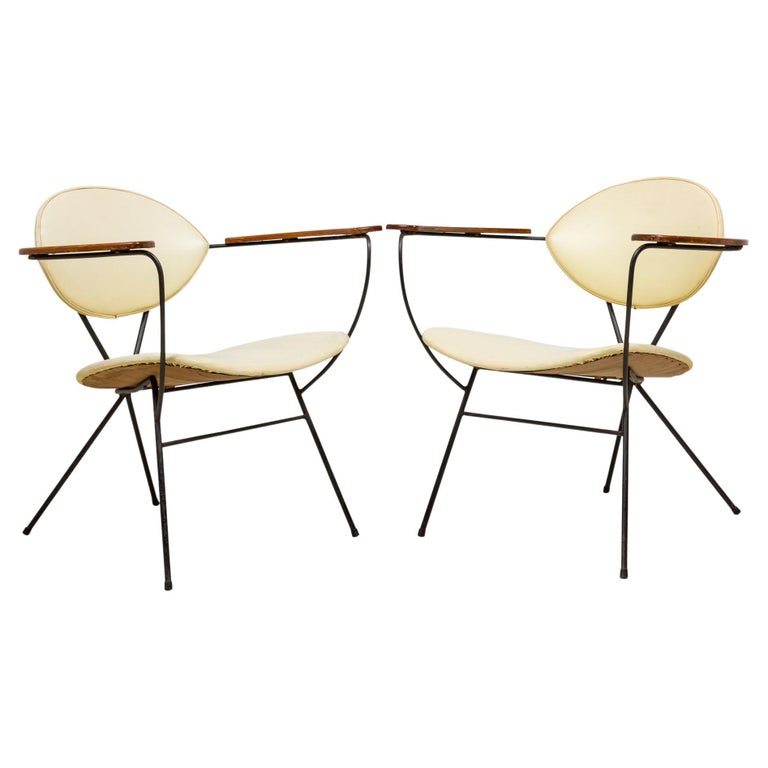 Pair of Joseph Cicchelli Wrought Iron and Beige Vinyl Lounge Chairs For ...