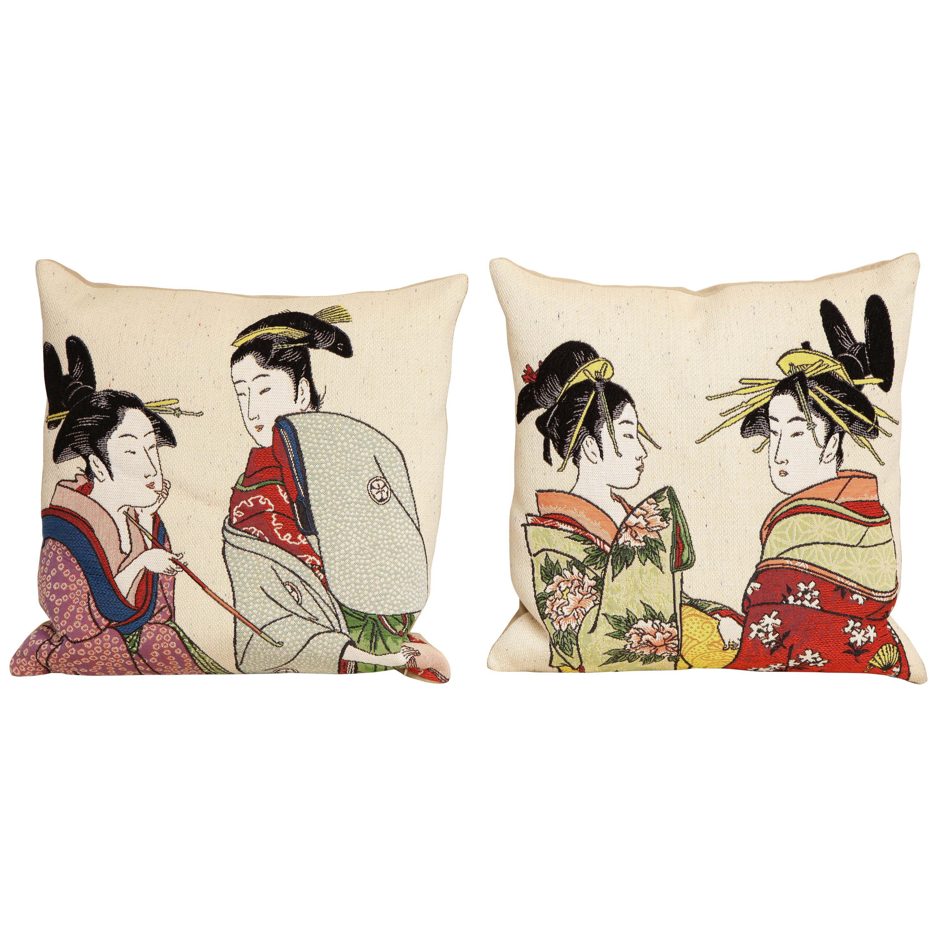 Pair of Jules Pansu Four Japanese Women Tapestry Square Pillows For ...