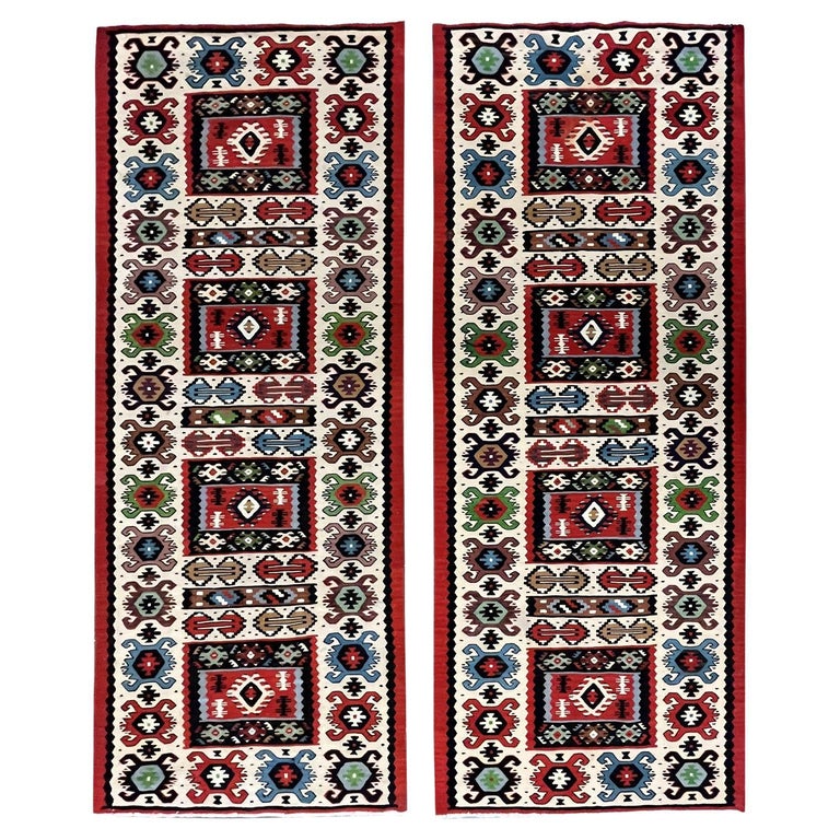 Pair of Kilims Traditional Handmade Red Wool Turkish Runner Rugs For ...