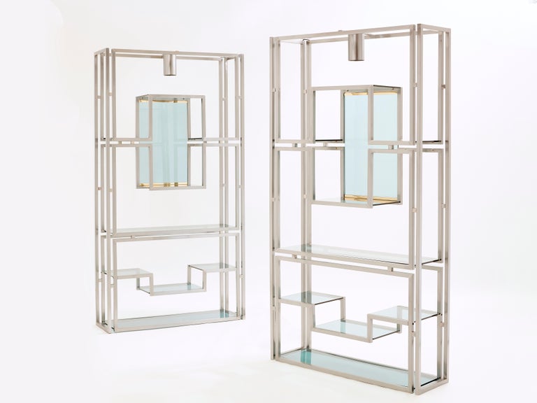 Pair of Kim Moltzer Brushed Steel Brass Green Lucite Shelving Units For ...