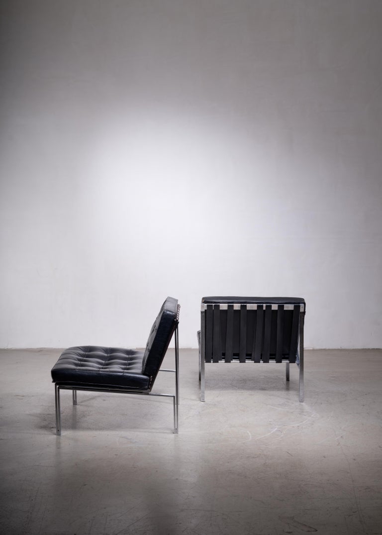 Pair of Kurt Thut side chairs with black leather tufted cushions For ...