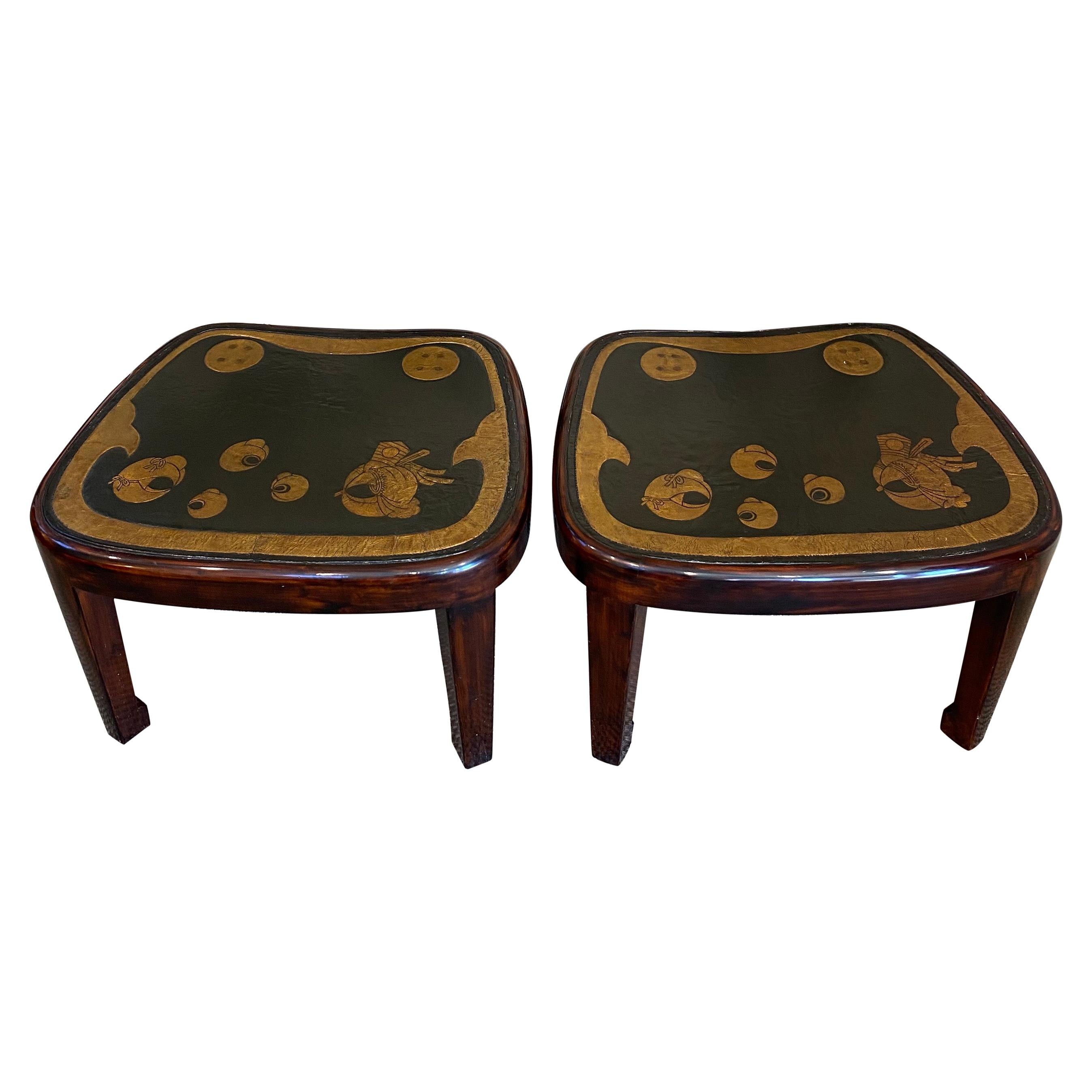 Pair of Lacquer Tables with Antique Japanese Leather Tops Aorigawa For ...