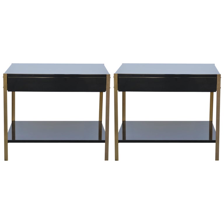 Pair of 'Laque' Black Lacquer and Brass Nightstands by Design Frères at ...