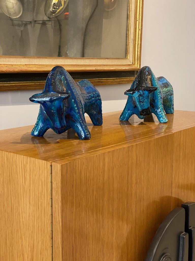 Pair of Large Aldo Londi Bitossi Rimini Blue Bulls Italy, 1960s at 1stDibs
