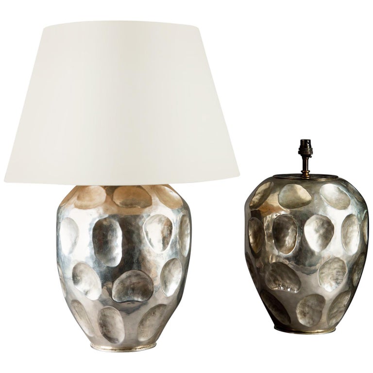 Pair of Large Anamorphic Silvered Metal Table Lamps For Sale at 1stDibs