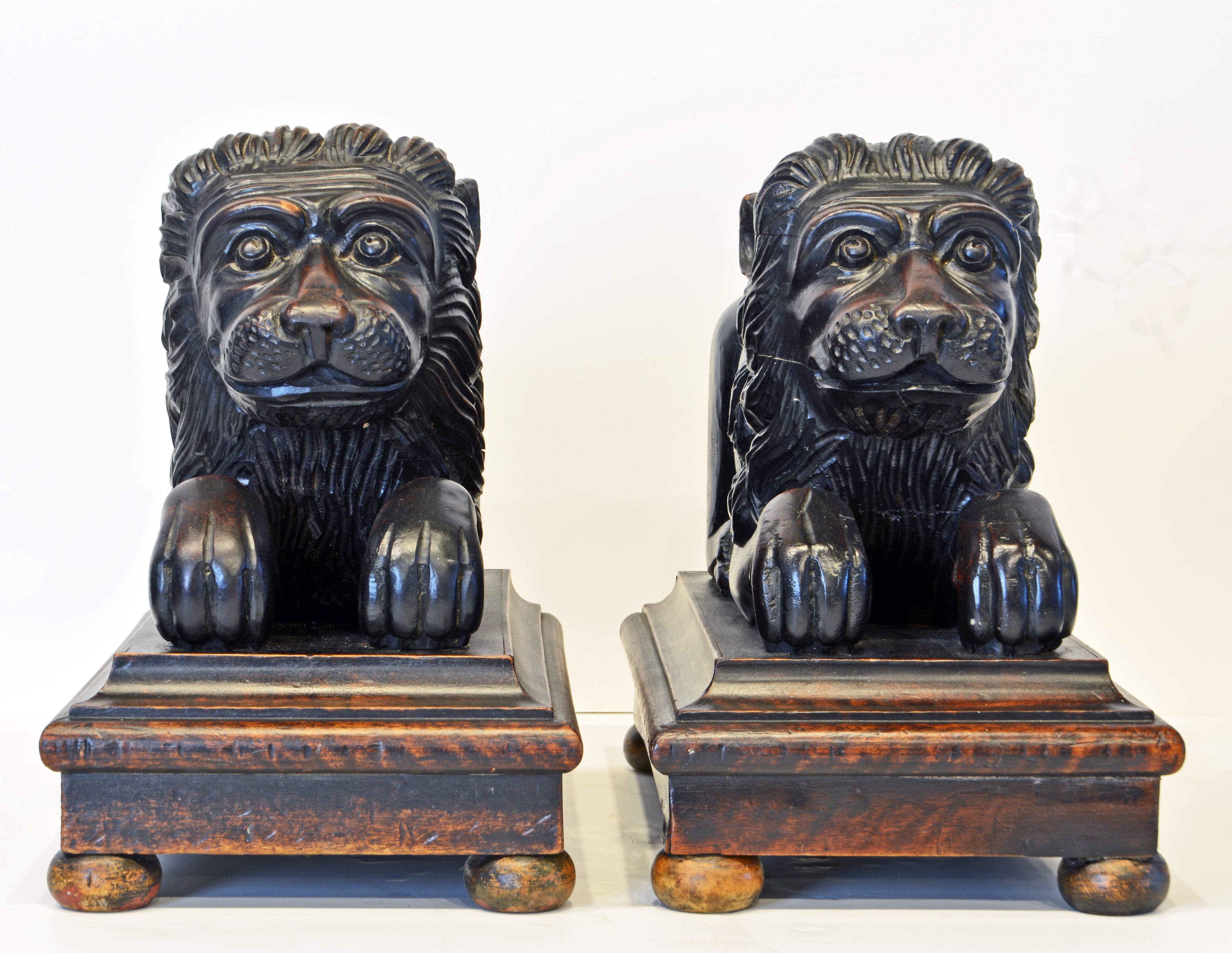 Pair of Large Anglo-Indian Carved Lions Couchant on Molded Bases, circa ...
