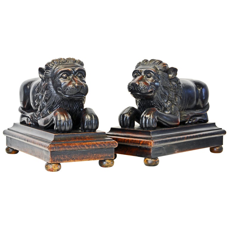 Pair of Large Anglo-Indian Carved Lions Couchant on Molded Bases, circa ...