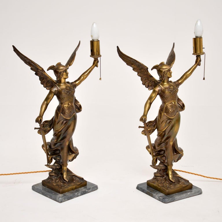 Pair of Large Antique Brass and Marble Table Lamps Depicting Greek ...