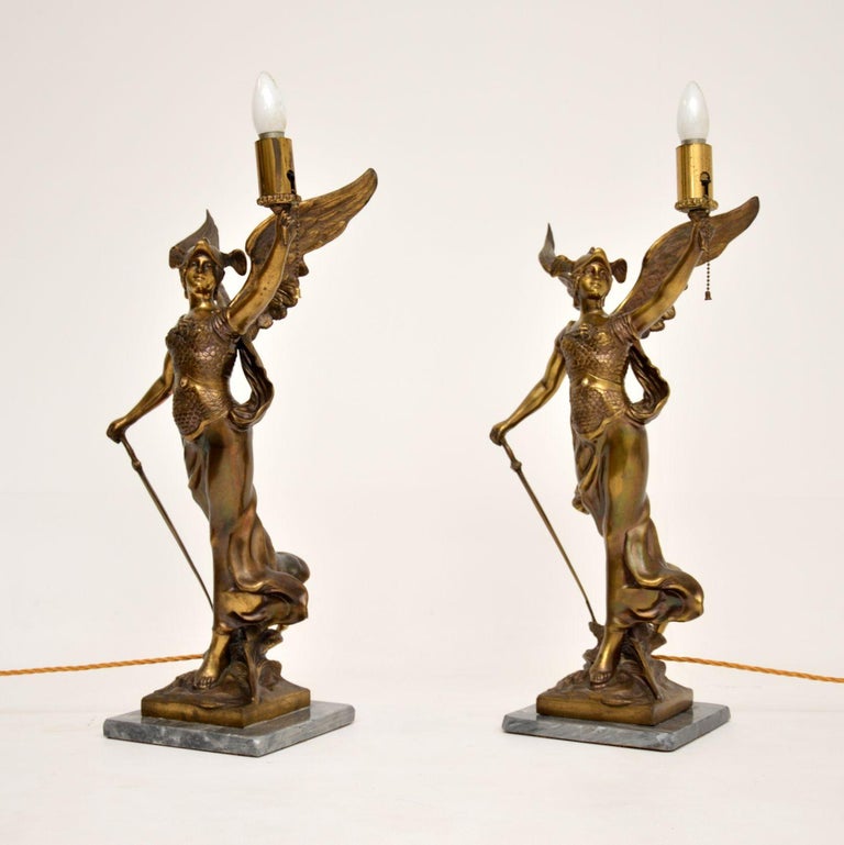 Pair of Large Antique Brass and Marble Table Lamps Depicting Greek ...