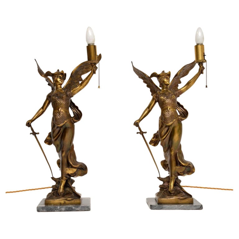 Pair of Large Antique Brass and Marble Table Lamps Depicting Greek ...