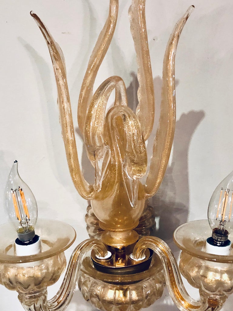 Pair of Large Archimede Seguso Gold Flecked Swan Sconces Signed and ...